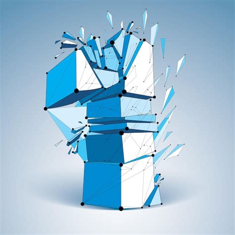 연결된 검은색 선과 점이 있는 추상 3d 면처리된 파란색 숫자 1 조각과 입자가 있는 벡터 낮은 폴리 부서진 디자인 요소입니다 폭발 효과 프리미엄 벡터