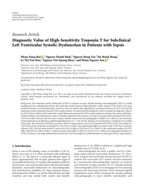 Pdf Diagnostic Value Of High Sensitivity Troponin T For Subclinical Left Ventricular Systolic