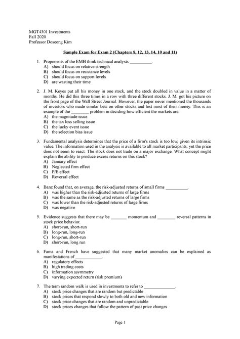 Exam2 Sample INV F20 MGT4301 Investments Fall 2020 Professor Doseong