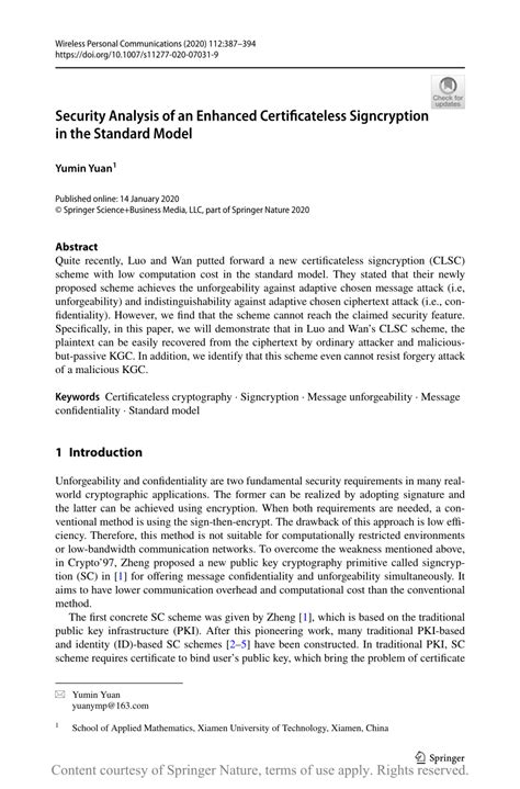 Security Analysis Of An Enhanced Certificateless Signcryption In The