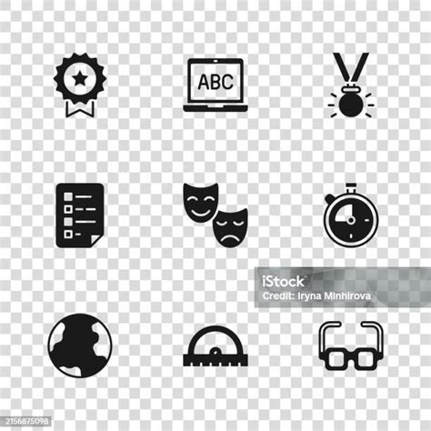 각도기 그리드 스톱워치 안경 희극 및 비극 마스크 메달 별 노트북 및 클립 보드 체크리스트 아이콘을 설정합니다 벡터 3위에 대한 스톡 벡터 아트 및 기타 이미지 Istock