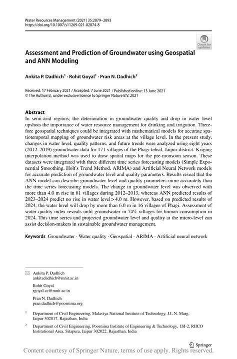 Assessment And Prediction Of Groundwater Using Geospatial And Ann Modeling Request Pdf