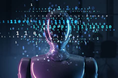 Futuristic Humanoid Robot With Glowing Digital Binary Code In Dark Background 3d Rendering