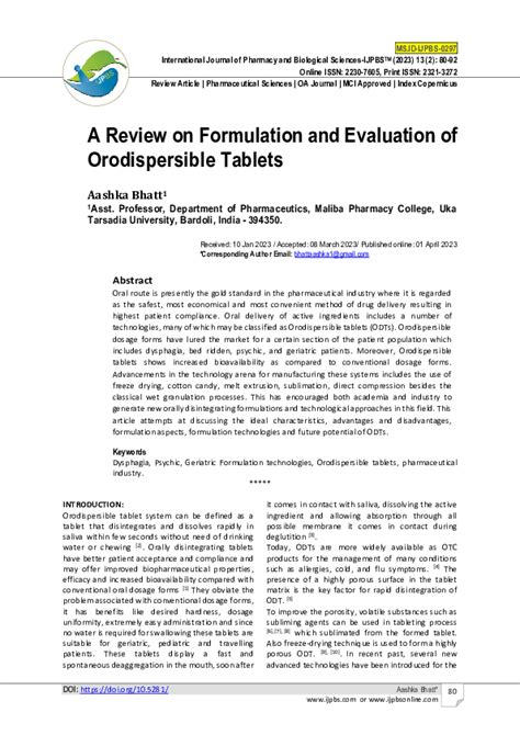 Pdf A Review On Formulation And Evaluation Of Orodispersible Tablets