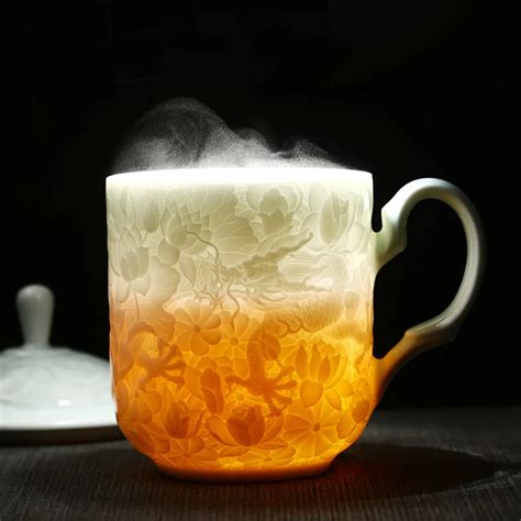 Jingdezhen 세라믹 찻잔 그림자 녹색 조각 선물 컵 뚜껑 버블 티 컵 사무실 컵 커피 컵 가정용 물 컵