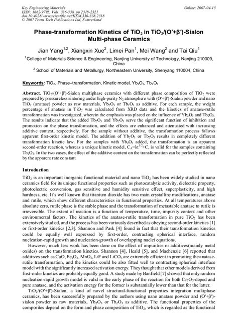 Phase Transformation Kinetics of TiO2 in TiO2 O β Sialon Multi Phase Ceramics Scientific Net