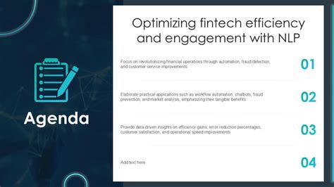 agenda optimizing fintech efficiency and engagement with nlp ppt