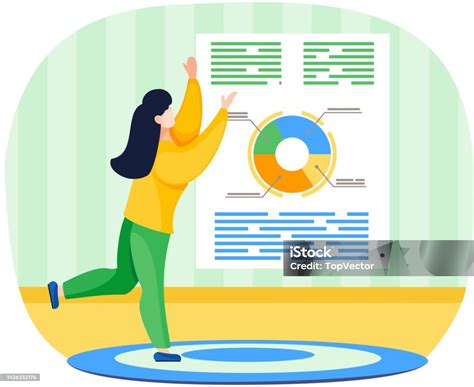 프리젠 테이션을주는 사업가 플랫 만화 캐릭터 분석가 비즈니스 프로젝트 보고서 발표 개념에 대한 스톡 벡터 아트 및 기타 이미지