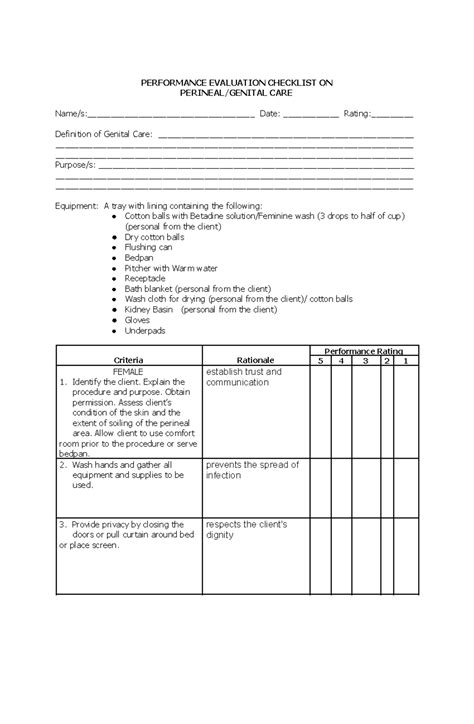 Genital Care Checklist PERFORMANCE EVALUATION CHECKLIST ON PERINEAL GENITAL CARE Studocu