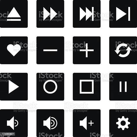미디어 플레이어 팻말 블랙 스퀘어 버튼을 아이콘크기 평편 무색 간단한 Mp3 플레이어에 대한 스톡 벡터 아트 및 기타 이미지