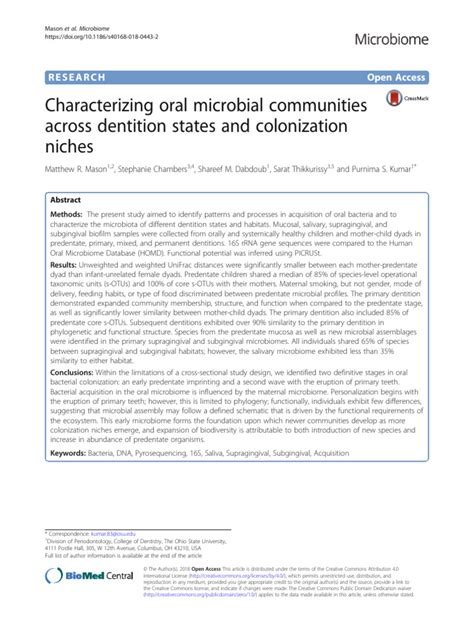 Research Open Access Characterizing Oral Microbial Communities Across Dentition States And