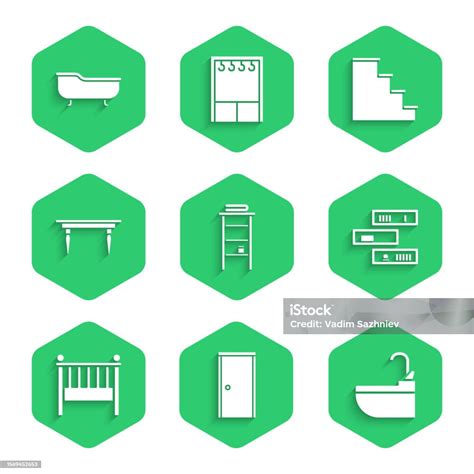 수건 선반 닫힌 문 세면대 수도꼭지 선반 책 아기 침대 요람 침대 나무 테이블 계단 및 욕조 아이콘이 있는 욕실 선반을 설정합니다 벡터 0명에 대한 스톡 벡터 아트 및 기타