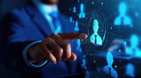 Businessman Interacting With Digital Human Icons In A Virtual Network Interface Stock