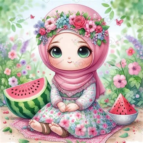 خرید و قیمت بک گراند کودکانه دختر ناز با حجاب کوچولو نشسته کنار هندونه در باغ گل کد 42665 ویژه