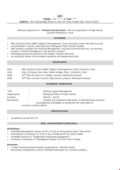 Corporate Finance Resume Format