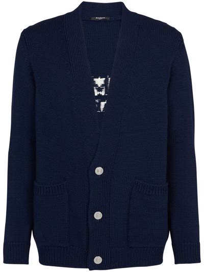 Balmain Paris Logo Knit Cardigan In Bleu Marine Naturel Modesens