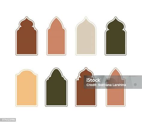 오리엔탈 스타일의 이슬람 창문 보헤미안 색상의 아랍어 아치와 문 세트 모스크의 실루엣 미니멀리즘 벡터 일러스트레이션 0명에 대한