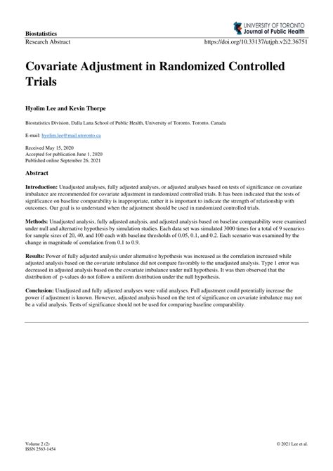 Pdf Covariate Adjustment In Randomized Controlled Trials