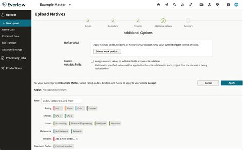 applying custom metadata values and work product during upload