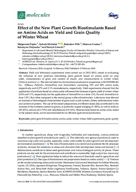 Pdf Effect Of The New Plant Growth Biostimulants Based On Amino Acids On Yield And Grain
