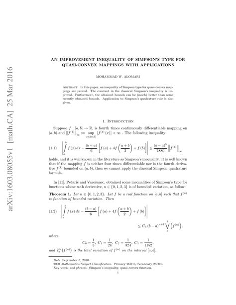 Pdf An Inequality Of Simpsons Type Via Quasi Convex Mappings With