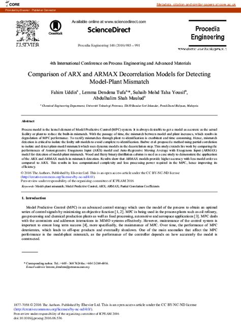Pdf Comparison Of Arx And Armax Decorrelation Models For Detecting