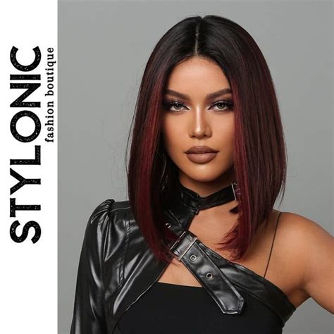 Straight Ombre Hair Straight Wig Burgundy Highlights Blonde