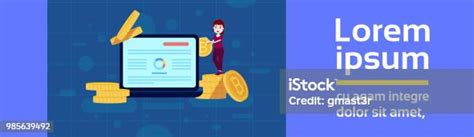 여자 문자 응용 프로그램 Bitcoin 마이닝 템플릿 파란색 배경 전체 길이 복사본 공간 배너 디자인 작업 및 애니메이션 Cryptocurrency 광업에 대한 스톡 벡터