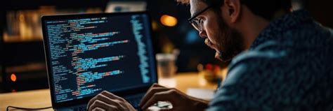 a person coding on a laptop in a dimly lit environment focused on their