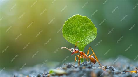 Tiny Leafcutter Ant Carrying Large Leaf Piece Rainforest A Tiny Leafcutter Ant Carries Premium