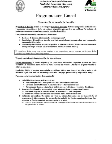 Planificación Agropecuaria Programación Lineal Facultad De Agronomía