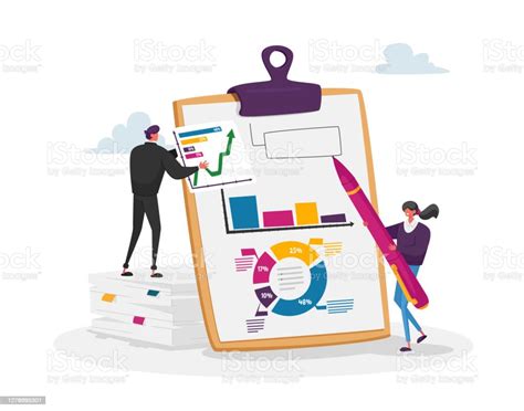 재무 감사 및 문해력 금융 뱅커 조언 부기 거대한 클립 보드 채우기 데이터의 작은 회계사 문자 보고서에 대한 스톡 벡터 아트 및