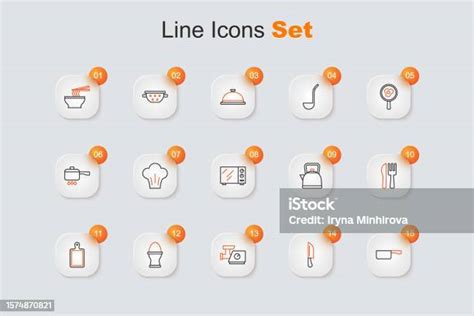 세트 라인 프라이팬 칼 주방 고기 분쇄기 스탠드에 닭고기 달걀 도마 교차 나이프 포크 손잡이가 있는 주전자 및 전자레인지 아이콘 벡터 가정 생활에 대한 스톡 벡터 아트 및