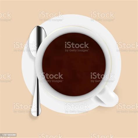 벡터 3d 사실적인 흰색 도자기 세라믹 머그잔 커피 강철 실버 숟가락과 접시 분리 미국인 레이아웃을 위한 디자인 템플릿입니다 위에서 볼 수 있습니다 라떼에 대한 스톡 벡터