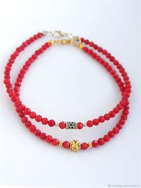 Браслет-оберег Красная нить,четырехлистник.Коралл,серебро на заказ в ...