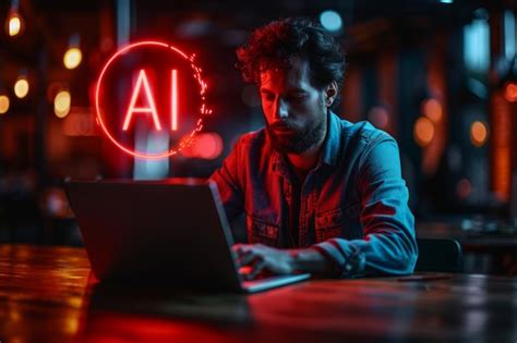 focused businessman working on laptop surrounded by futuristic digital