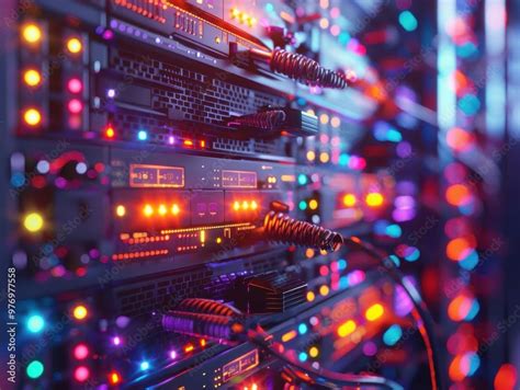 Close Up View Of A Data Center Server Rack With Colorful Led Lights And Cables Representing
