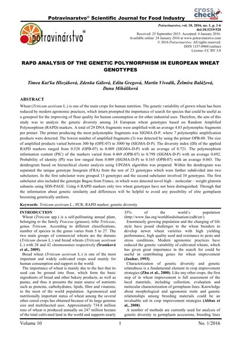 Pdf Rapd Analysis Of The Genetic Polymorphism In European Wheat Genotypes