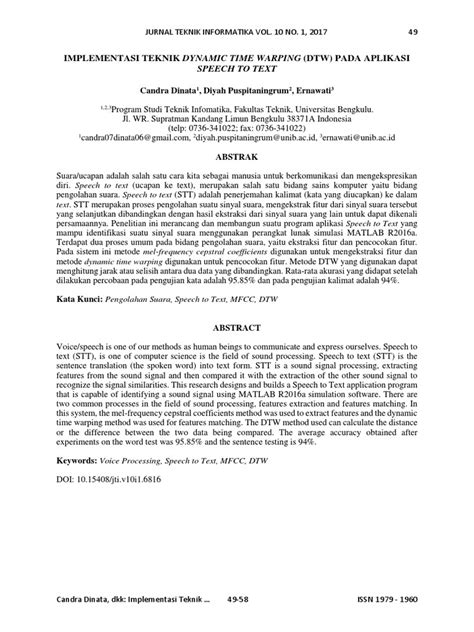 Implementasi Teknik Dynamic Time Warping Dtw Pada Aplikasi Speech To Text Pdf