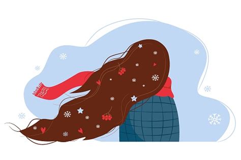 눈송이와 열매의 무리와 아름다운 소녀 긴 머리를 개발하는 산 재는 그녀의 등스탠드 벡터 그림입니다 겨울 캐릭터 긴 머리에 대한 스톡 벡터 아트 및 기타 이미지 Istock