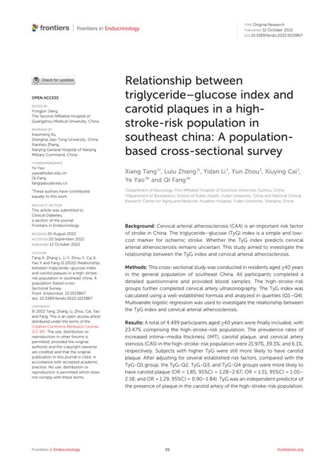 Pdf Relationship Between Triglycerideglucose Index And Carotid Plaques In A High Stroke Risk