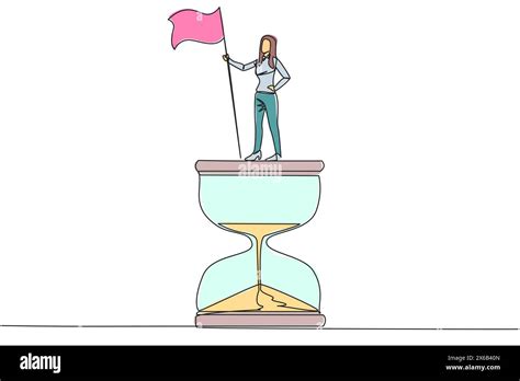 Continuous One Line Drawing Businesswoman Standing On Giant Hourglass