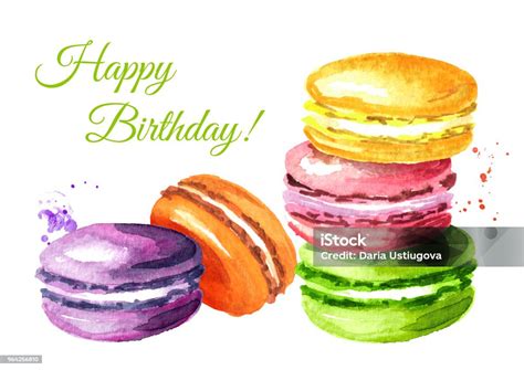 전통적인 프랑스 케이크 마카롱 또는 마 카 롱 다채로운 쿠키 흰색 배경에 고립 수채화 손으로 그린 그림 케이크에 대한 스톡 벡터