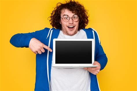 Premium Photo Funny Nerd Showing Blank Laptop
