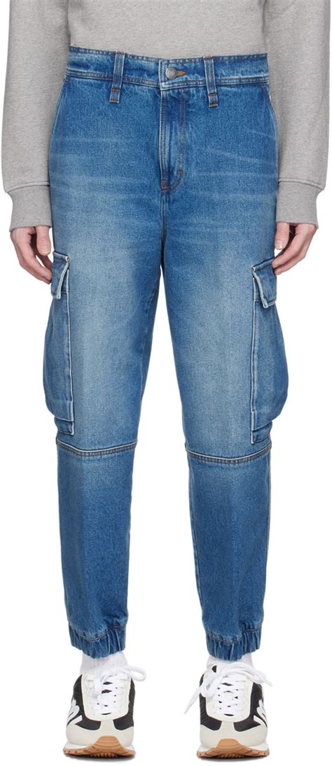 Blue Elasticized Cuffs Denim Cargo Pants By Ami Paris On Sale