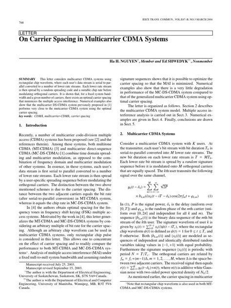 On Carrier Spacing In Multicarrier Cdma Systems Letter Pdf Code