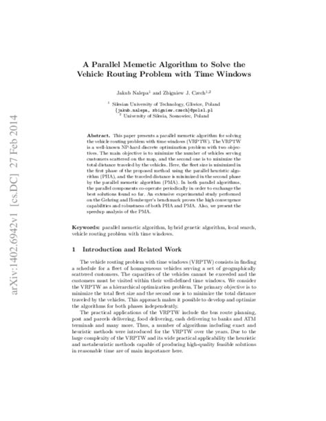 pdf a parallel memetic algorithm to solve the vehicle routing problem