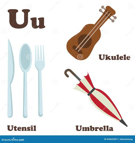 Alphabet U Letter Umbrella Ukulele Utensil Stock Illustration