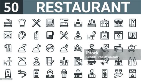 수프 토크 칼 붙이 계산원 버터 저녁 식사 보고서 프리젠 테이션 다이어그램 웹 디자인 모바일 앱을위한 오일 벡터 얇은 아이콘과 같은 50 개의 개요 웹 레스토랑 아이콘 세트
