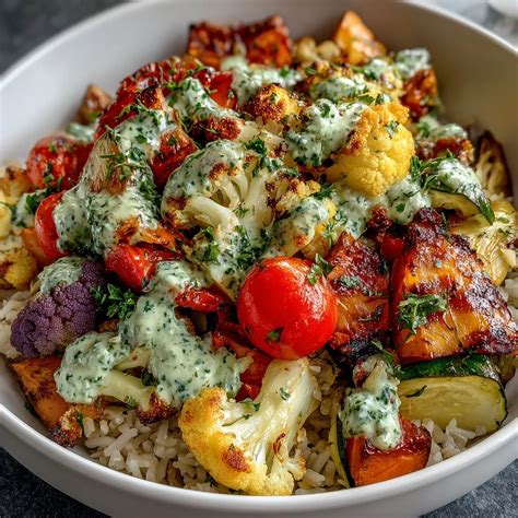 Rainbow Roasted Vegetable Bowl With Fresh Herb Sauce